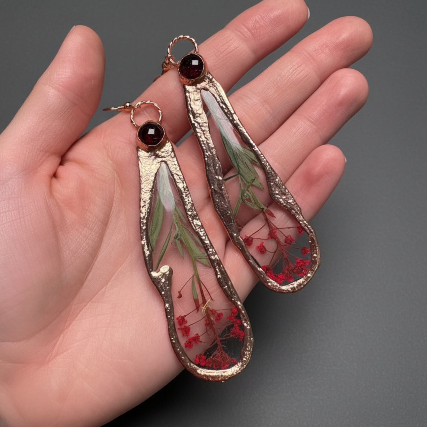 Garnet Earrings Long Copper Flowers Red Gems — Satin Crystals