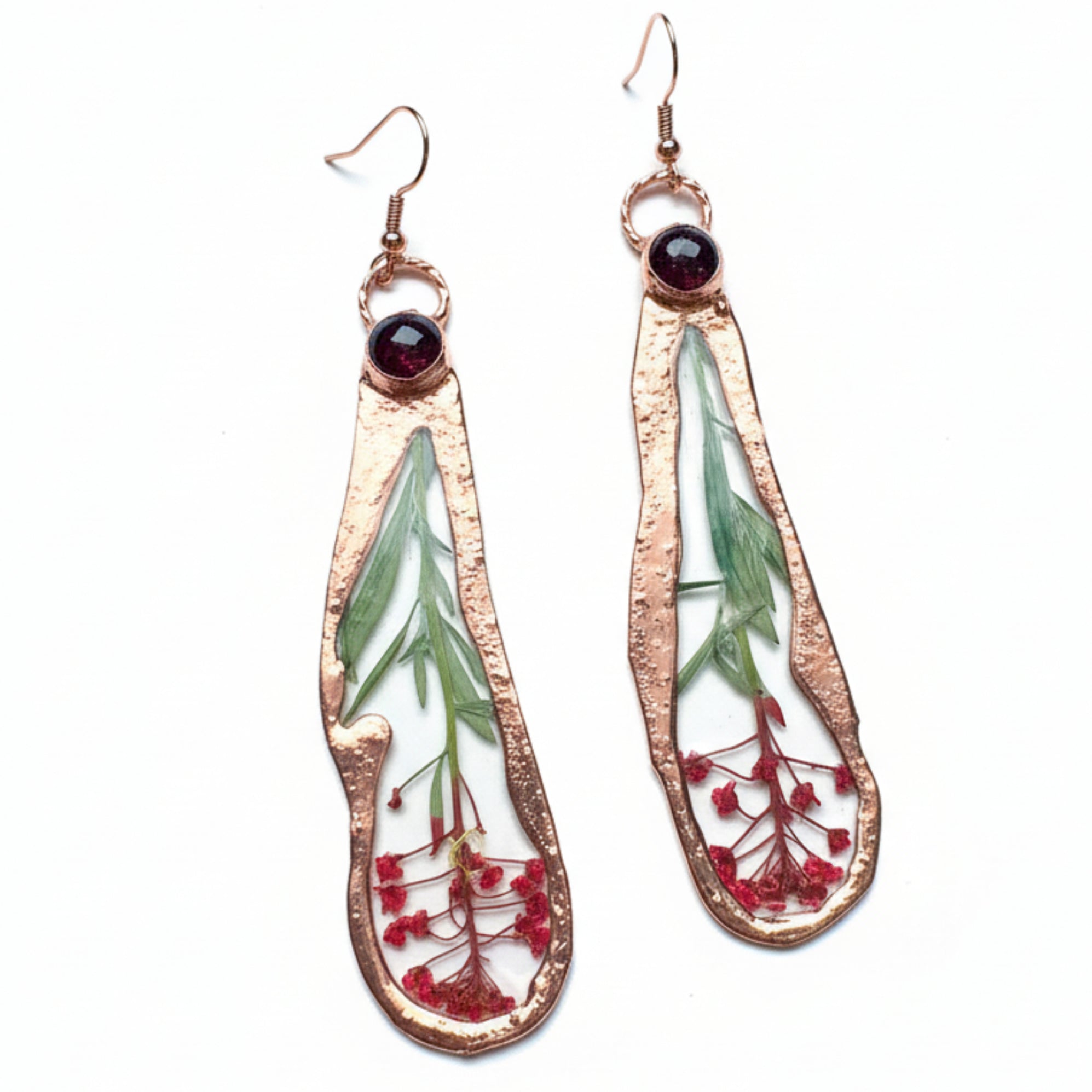 Garnet Earrings Long Copper Flowers Red Gems — Satin Crystals
