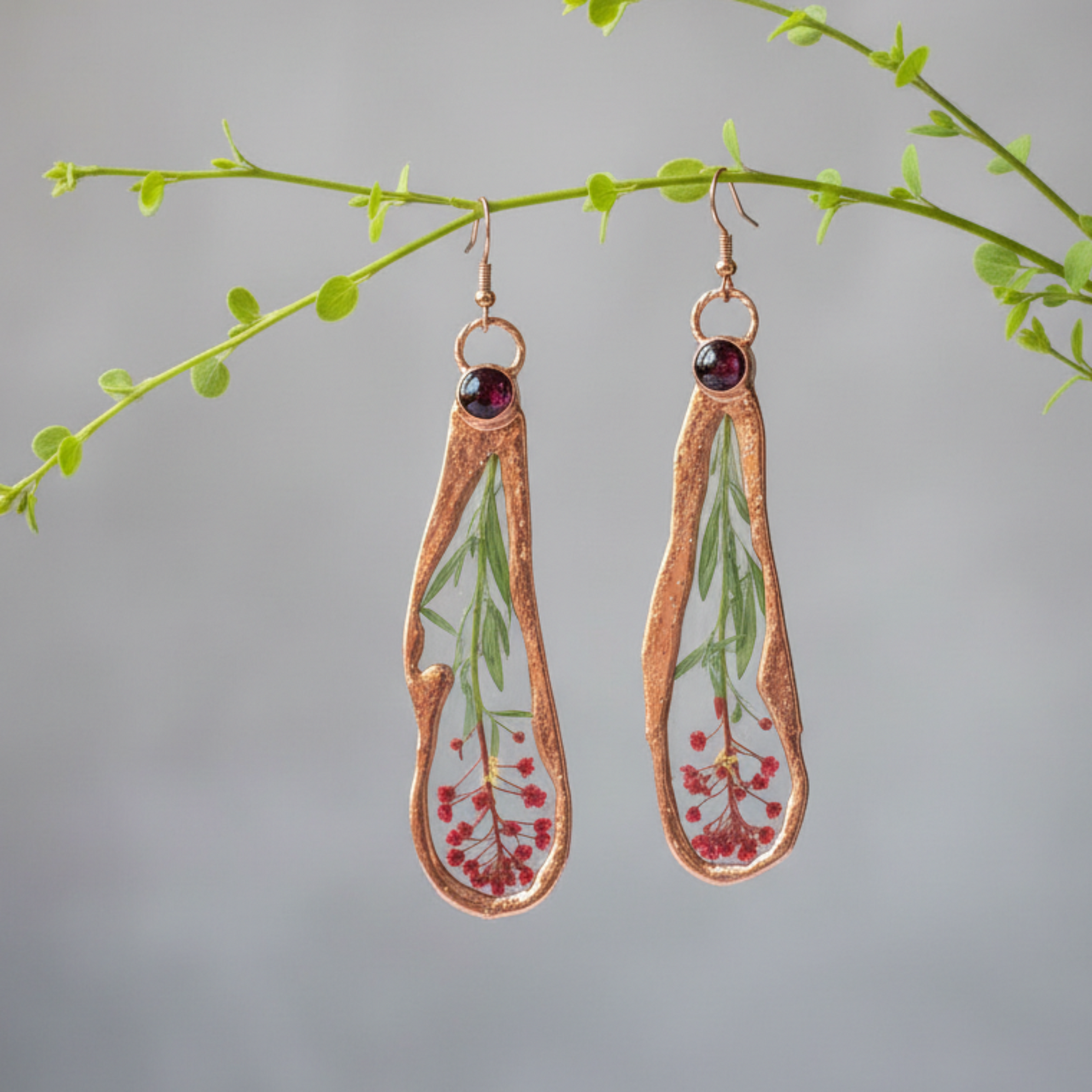 Garnet Earrings Long Copper Flowers Red Gems — Satin Crystals