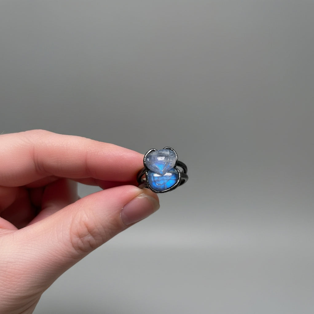 Rainbow Moonstone Ring Blue Fox Gunmetal Size 6 — Satin Crystals