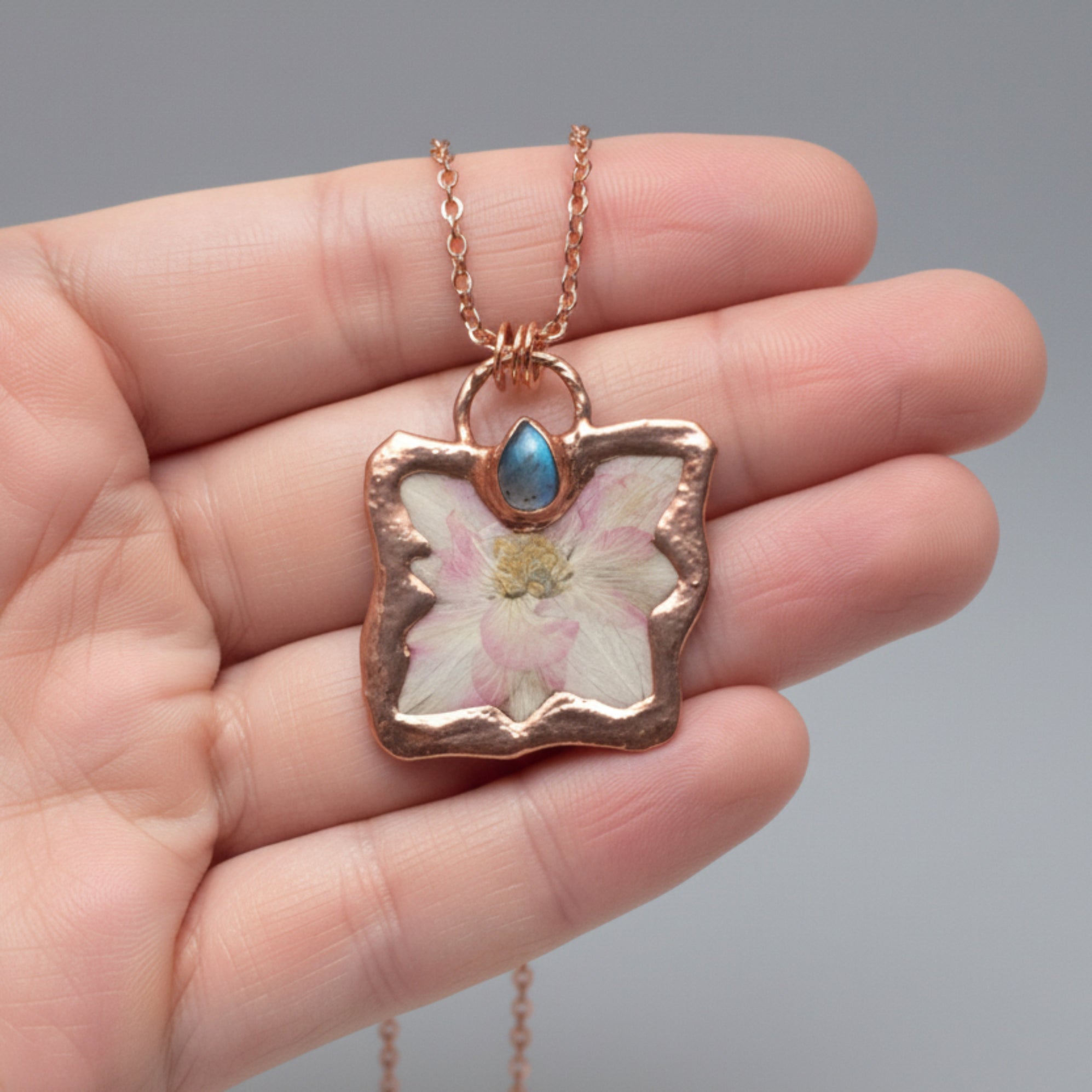 Rainbow Moonstone Necklace Botanical Pink Flower Copper — Satin Crystals