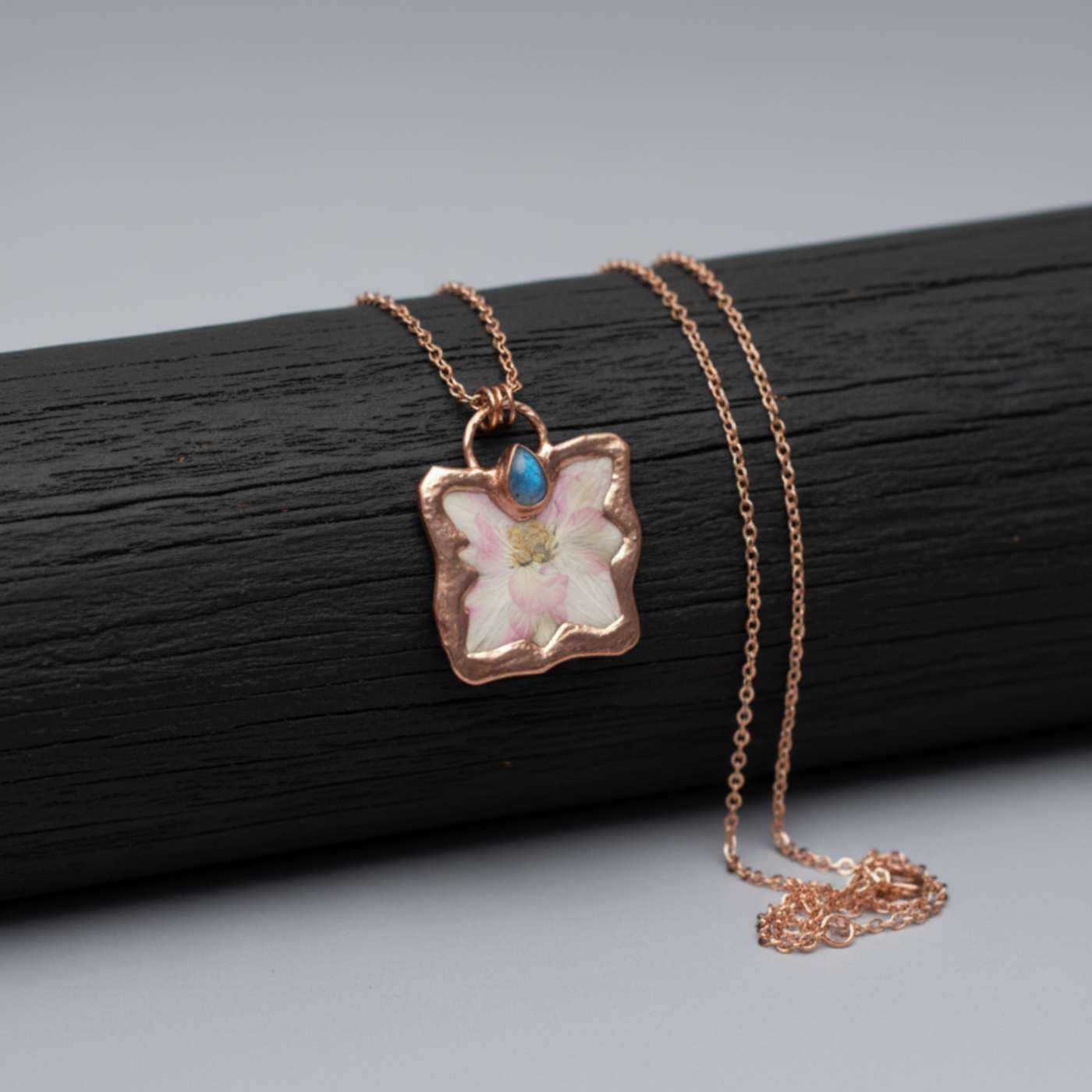 Rainbow Moonstone Necklace Botanical Pink Flower Copper — Satin Crystals