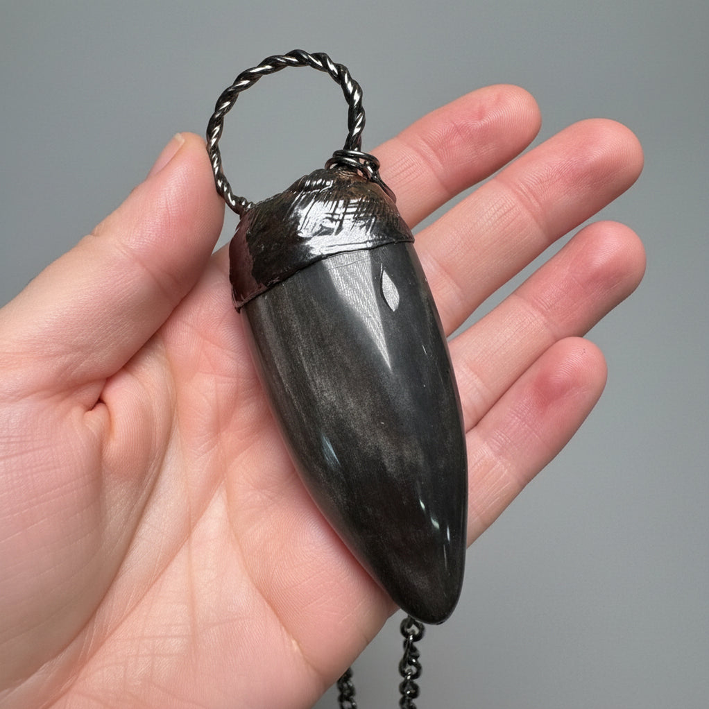 Silver Sheen Obsidian Necklace Big Black Gunmetal — Satin Crystals