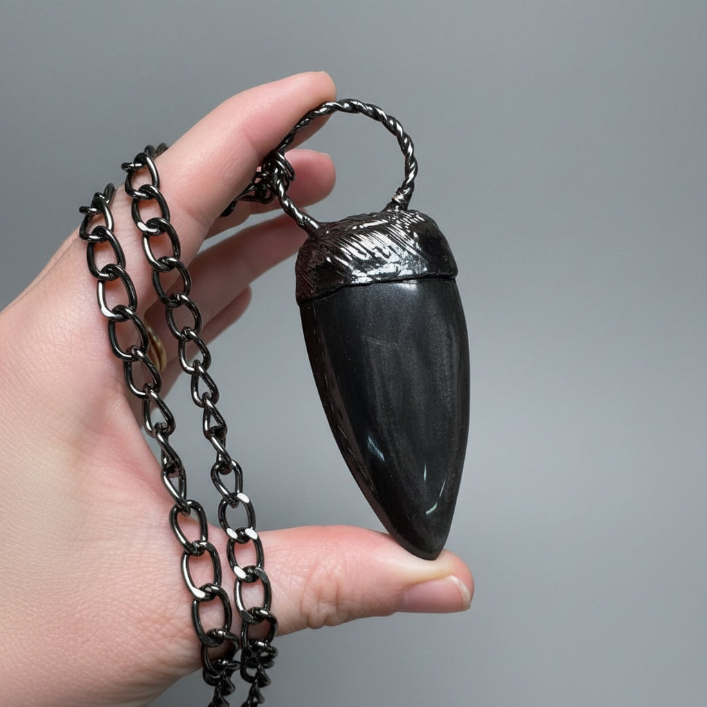 Silver Sheen Obsidian Necklace Big Black Gunmetal — Satin Crystals