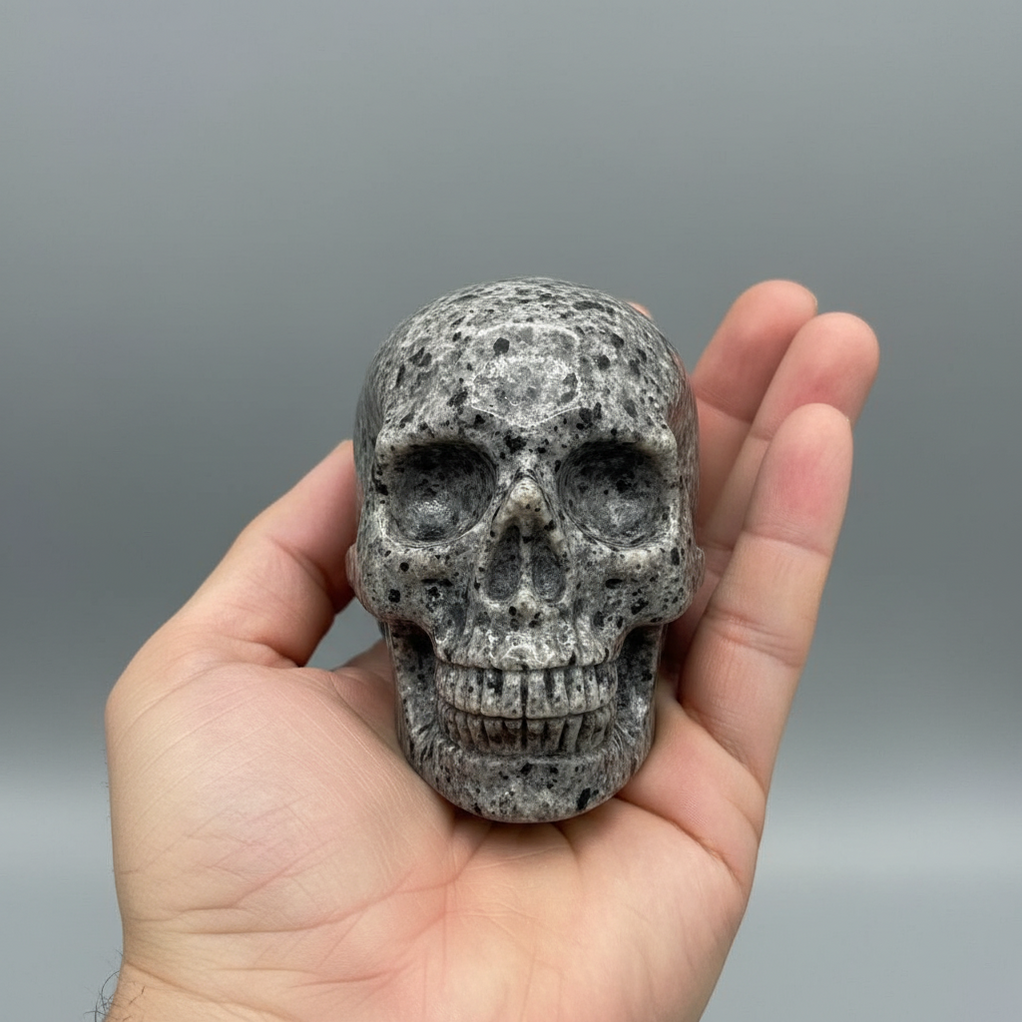 Yooperlite Skull UV-Reactive Glow Stone Gray Sodalite — Satin Crystals